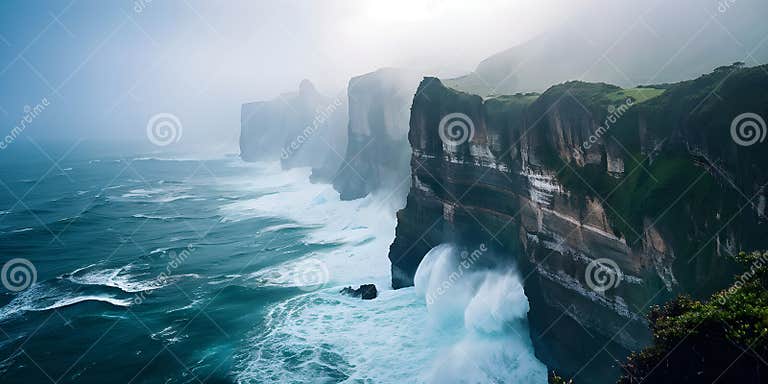 Dramatic View of Lush Undulating Cliffs with Breaking Ocean Waves Stock ...