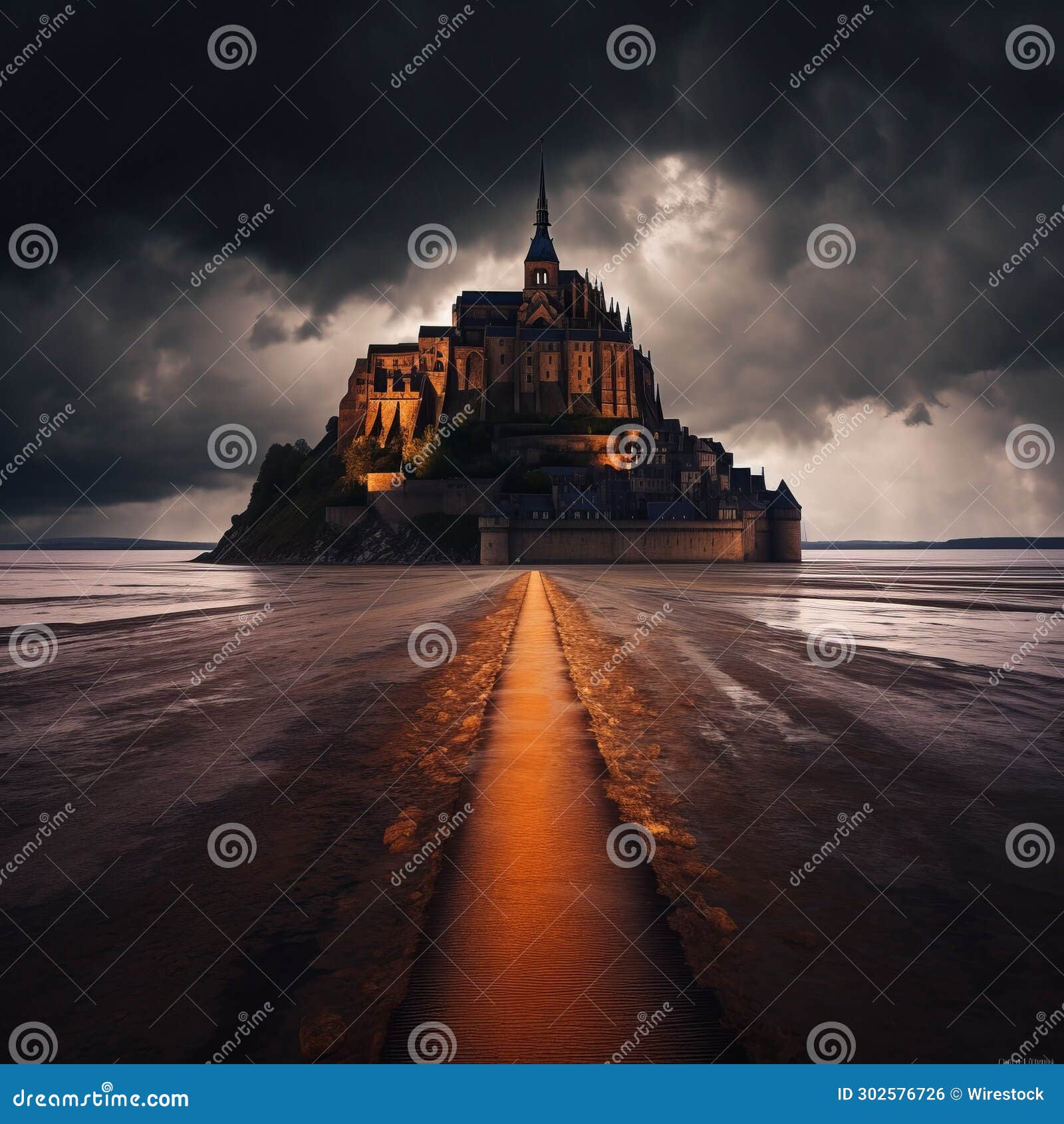 Dramatic View of Mont-Saint-Michel during the Middle Tide on a Stormy ...