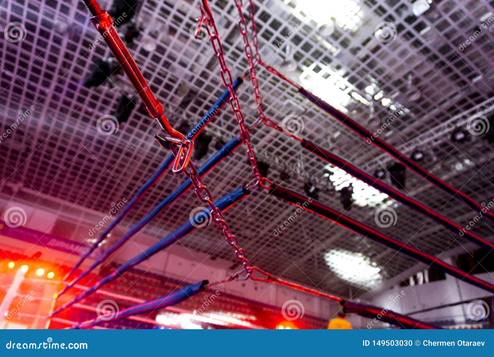 A Dramatic View of the Red Corner of a Regular Boxing Ring. Ropes in ...