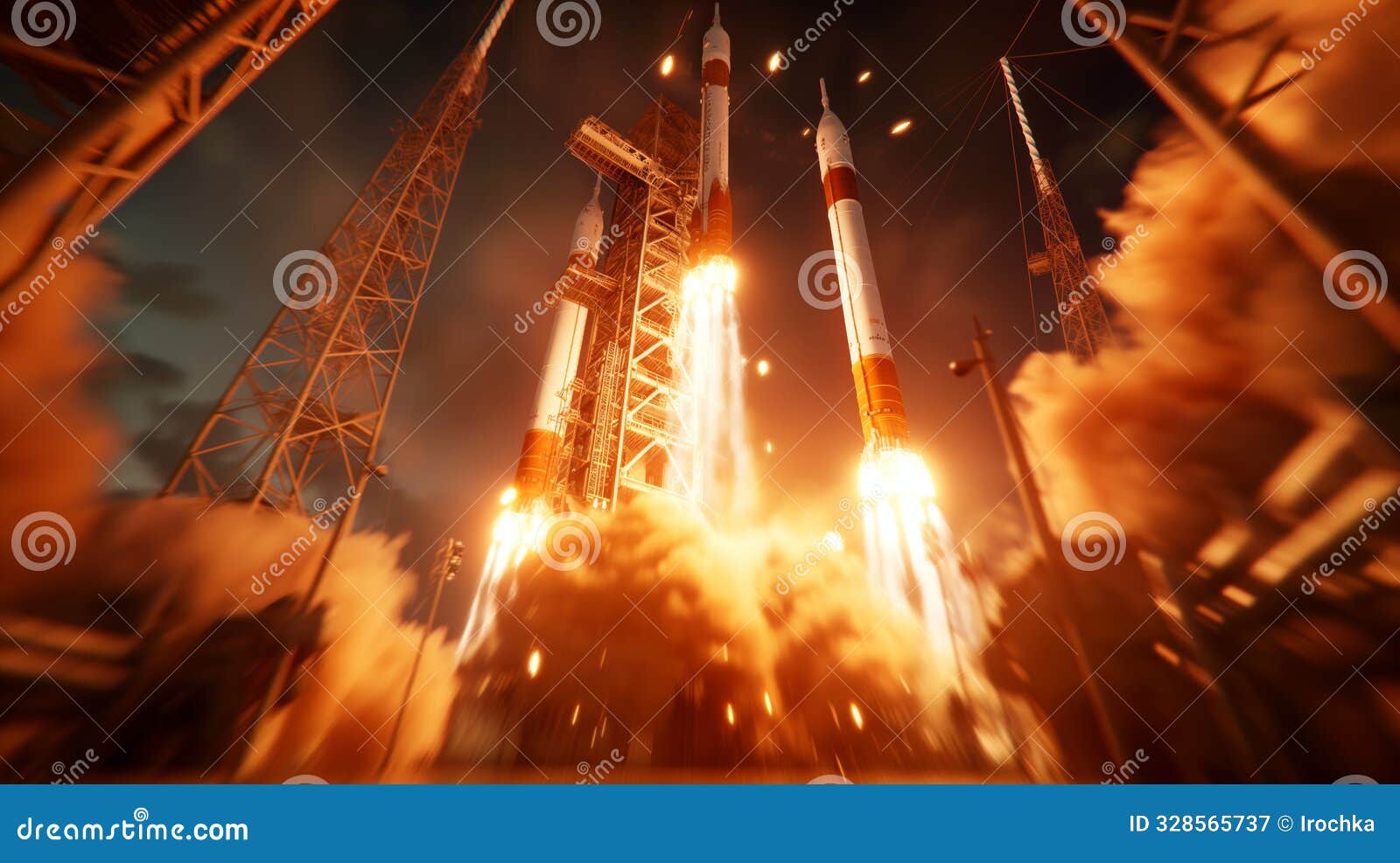 Dramatic Visualization of Rocket Ignition Sequence at Launch Stock ...