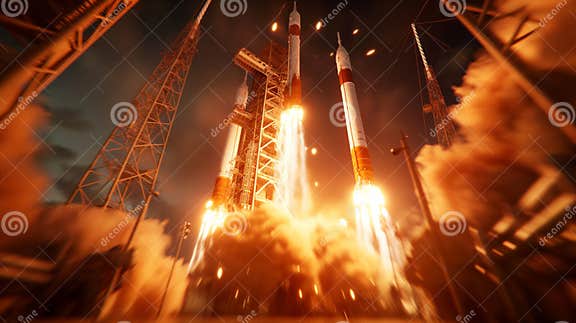 Dramatic Visualization of Rocket Ignition Sequence at Launch Stock ...