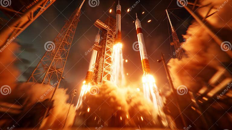 Dramatic Visualization of Rocket Ignition Sequence at Launch Stock ...