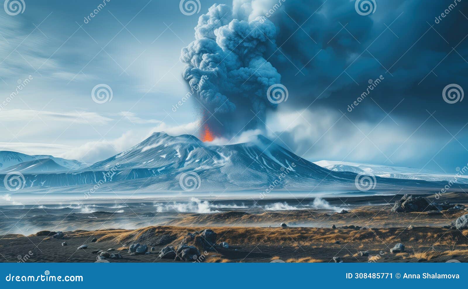 Dramatic Volcanic Eruption in Icy Landscape. Stock Image - Image of ...