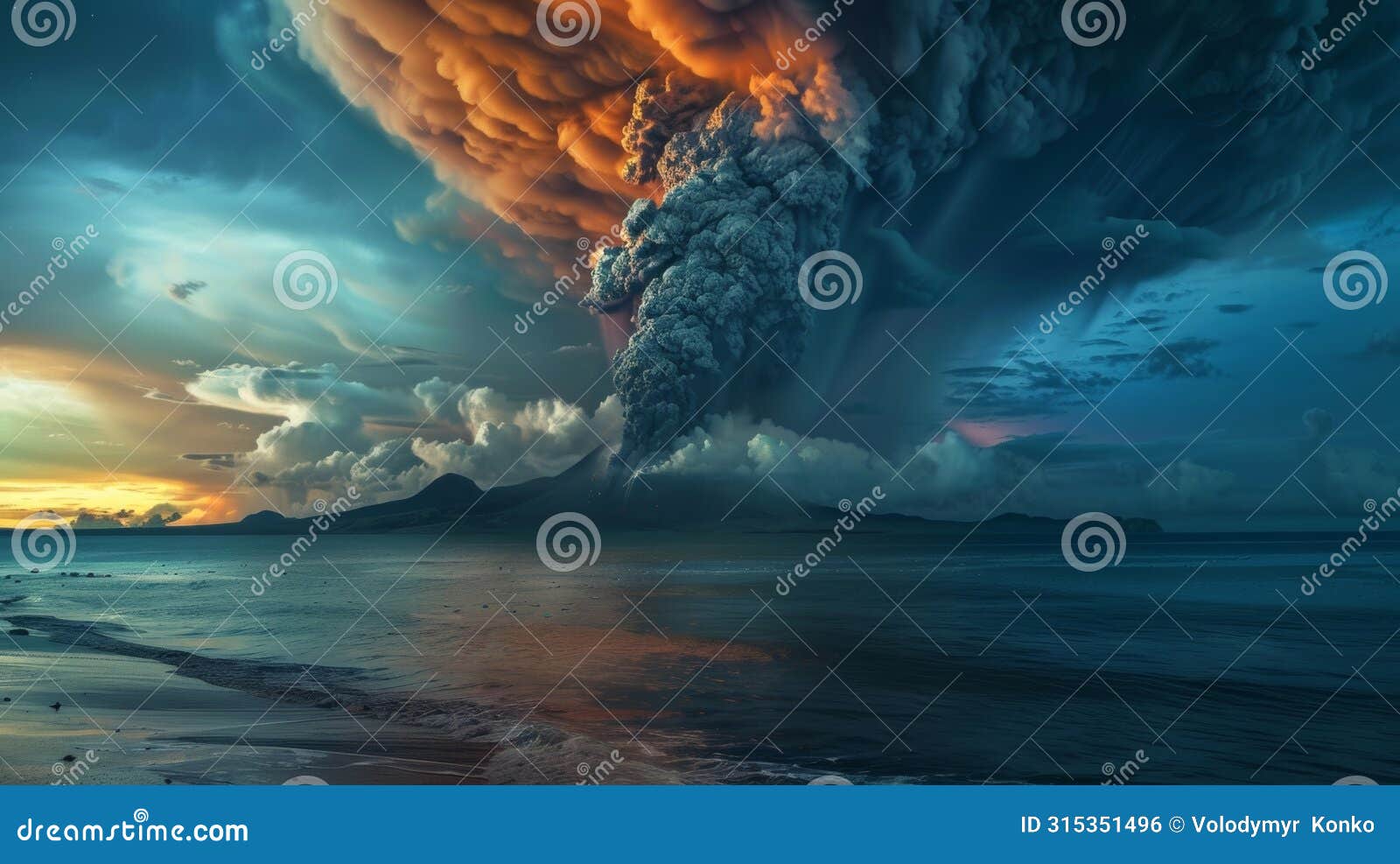 Dramatic Volcanic Eruption at Sunset by the Ocean Stock Photo - Image ...