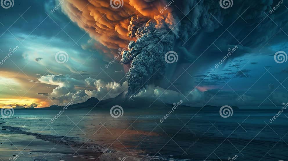 Dramatic Volcanic Eruption at Sunset by the Ocean Stock Photo - Image ...