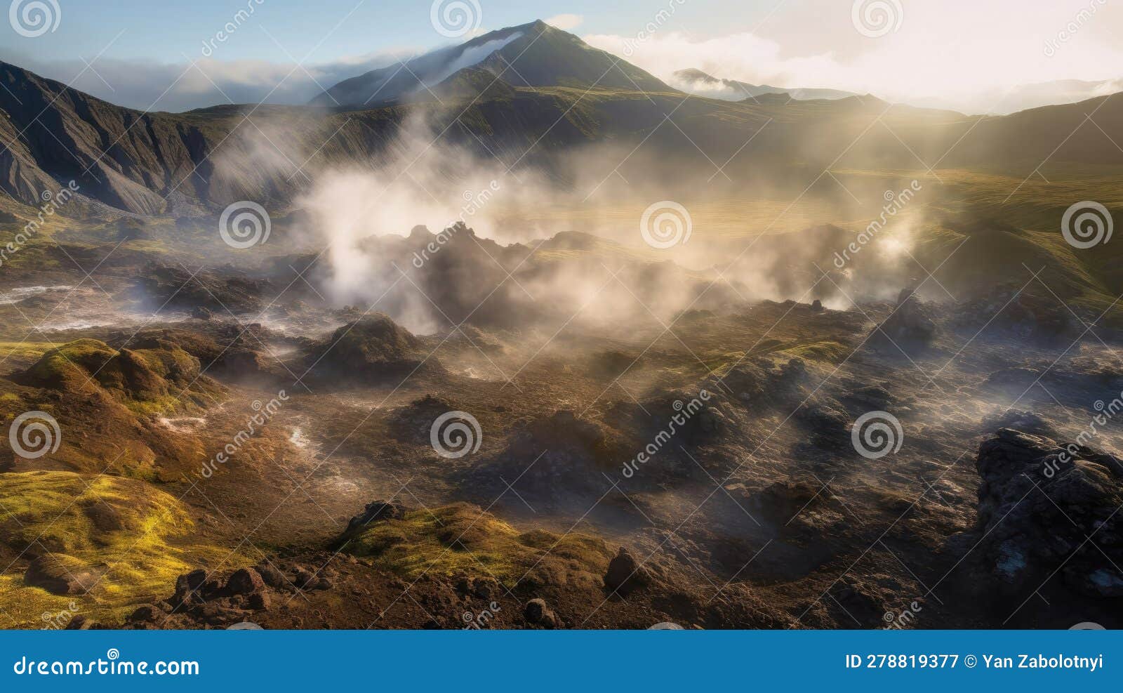 Dramatic Volcanic Landscape with Rugged Terrain and Steam Vents ...