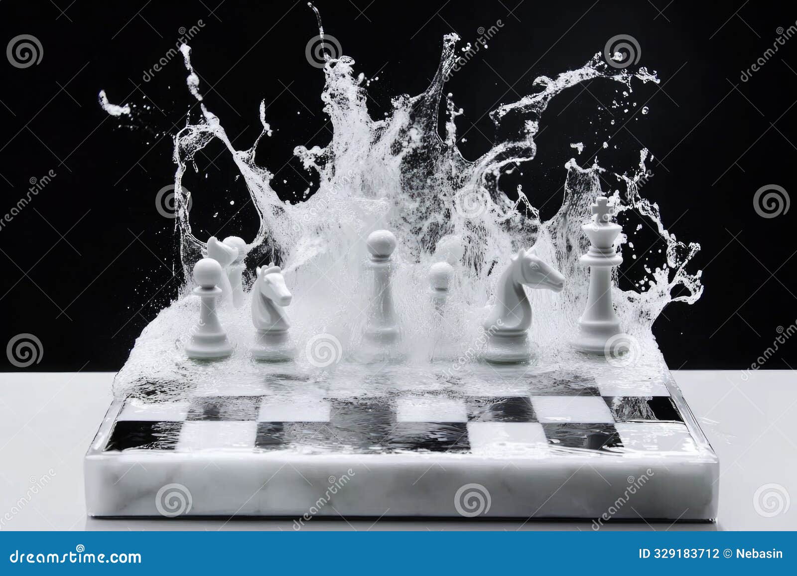 Dramatic Water Splash on Chessboard with White Chess Pieces Capturing ...