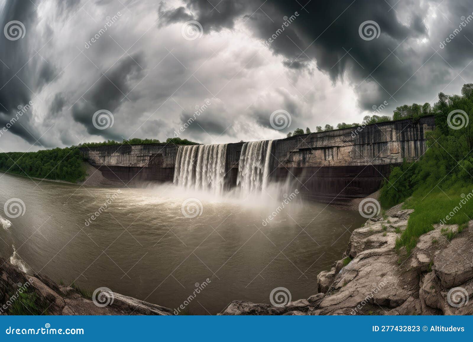 Dramatic Waterfall Against a Stormy Sky with Thunder and Lightning ...