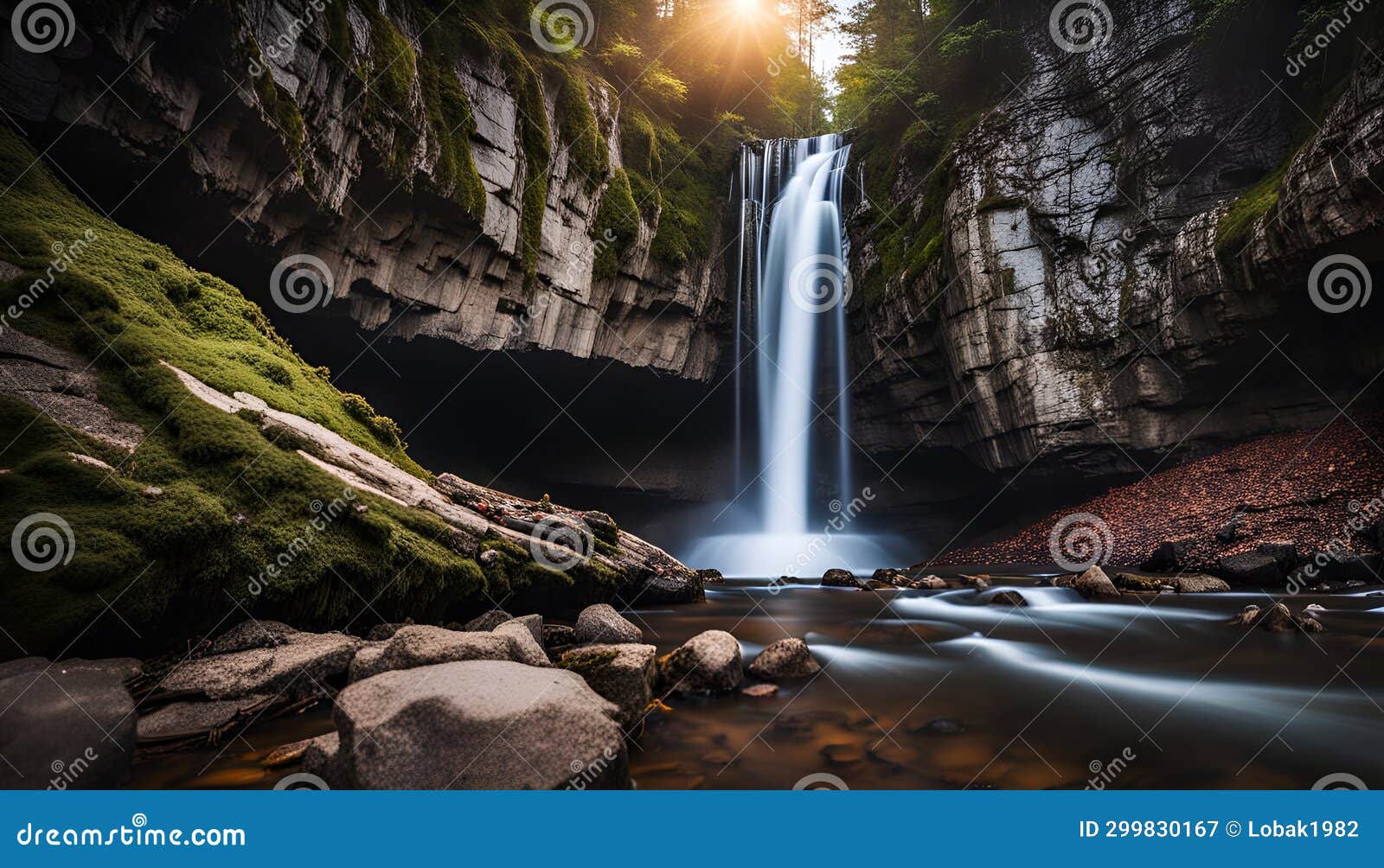 Waterfall Cascading Over The Towering Sequoias In A Lush Forest Stock ...