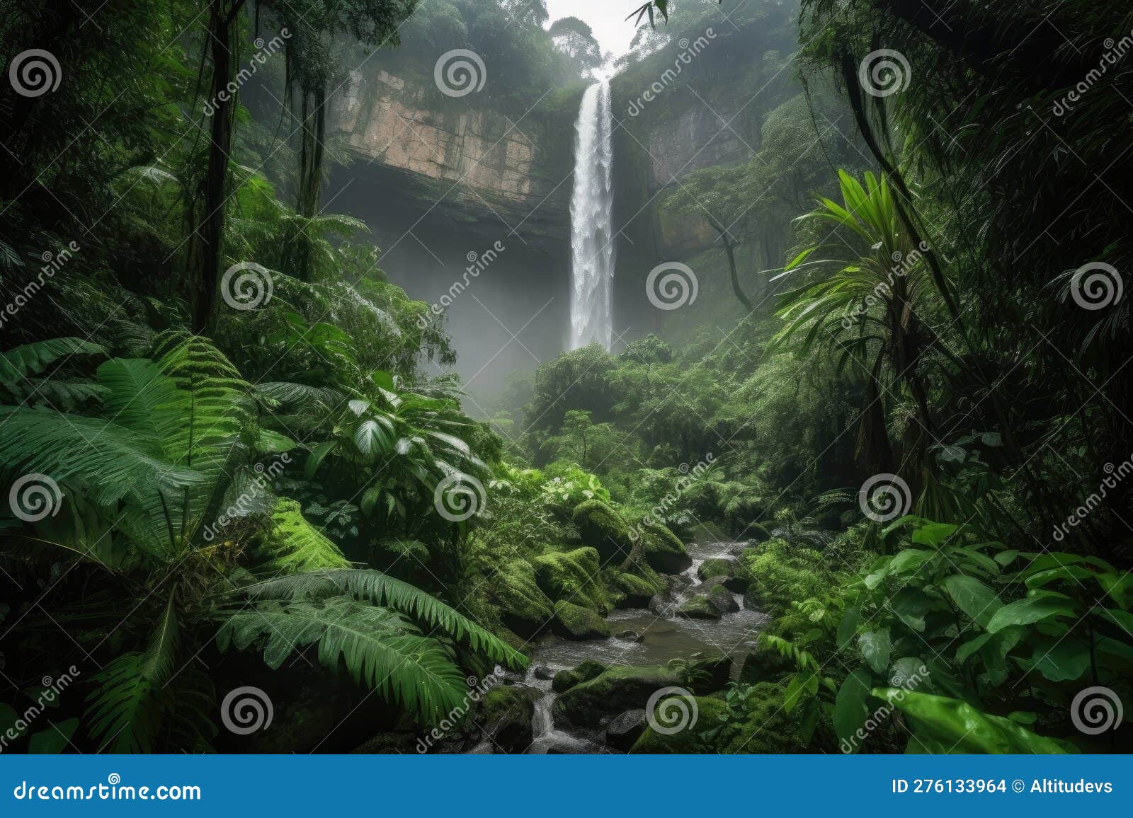 Dramatic Waterfall with Misty Spray, Surrounded by Lush Greenery Stock ...