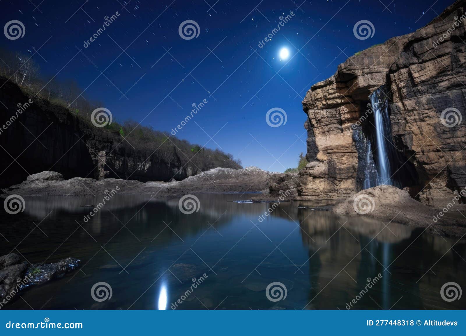 Dramatic Waterfall, with the Moon Shining Against Its Waters, during a ...
