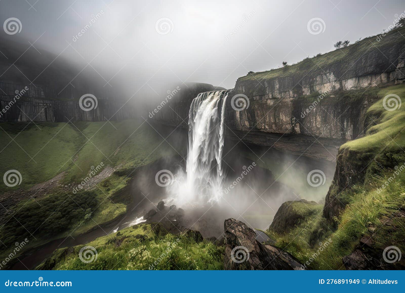 Dramatic Waterfall Scene with Cloud in the Sky and Mist in the Air ...