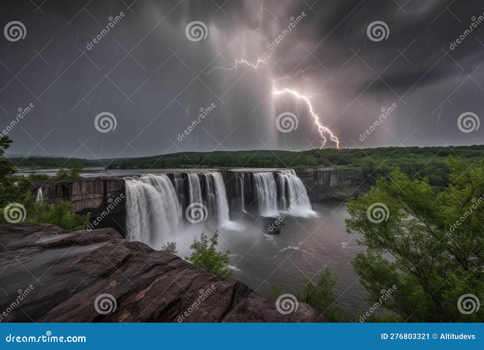Dramatic Waterfall Scene in the Midst of Thunderstorm, with Flashes of ...