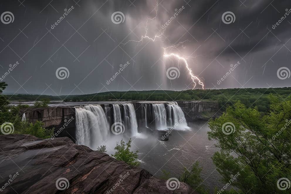 Dramatic Waterfall Scene in the Midst of Thunderstorm, with Flashes of ...