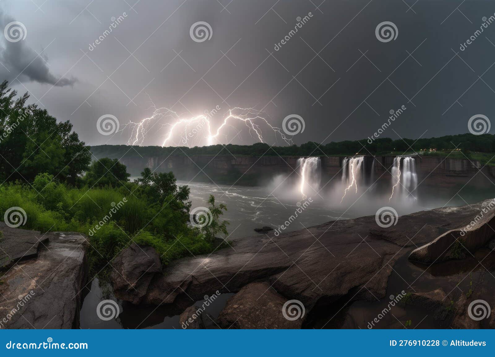 Dramatic Waterfall Scene in the Midst of Thunderstorm, with Flashes of ...