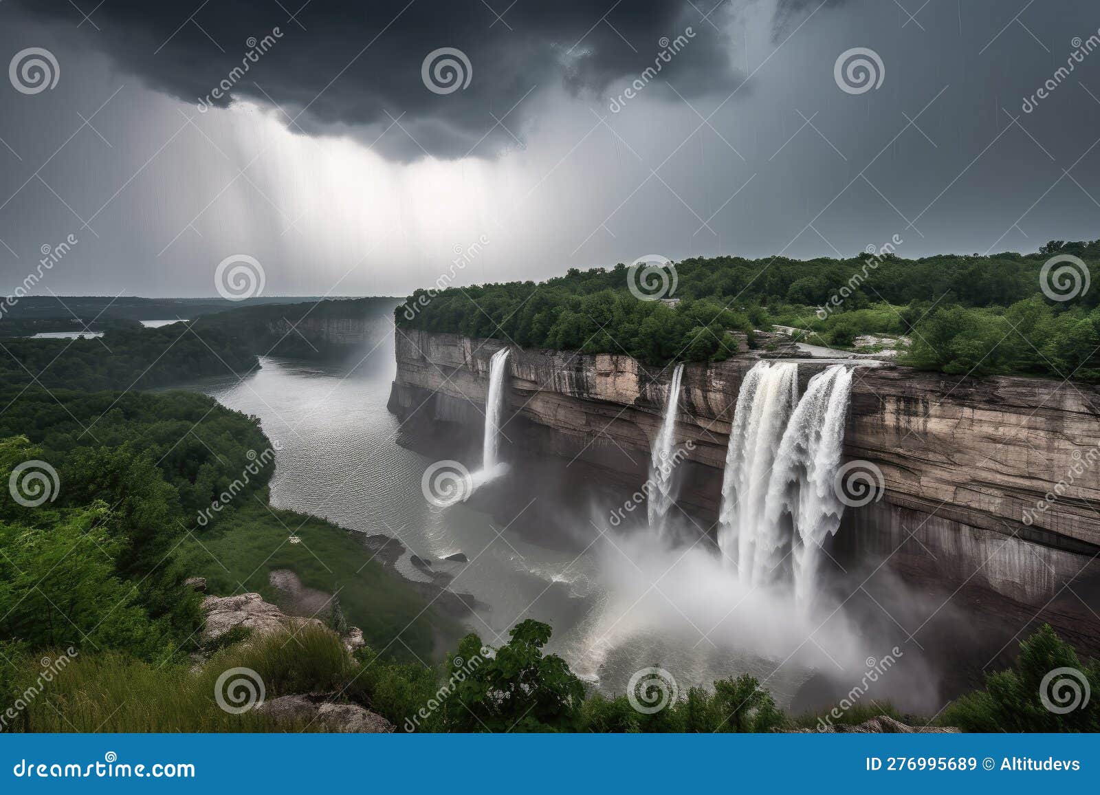 Dramatic Waterfall Scene in the Midst of Thunderstorm, with Flashes of ...