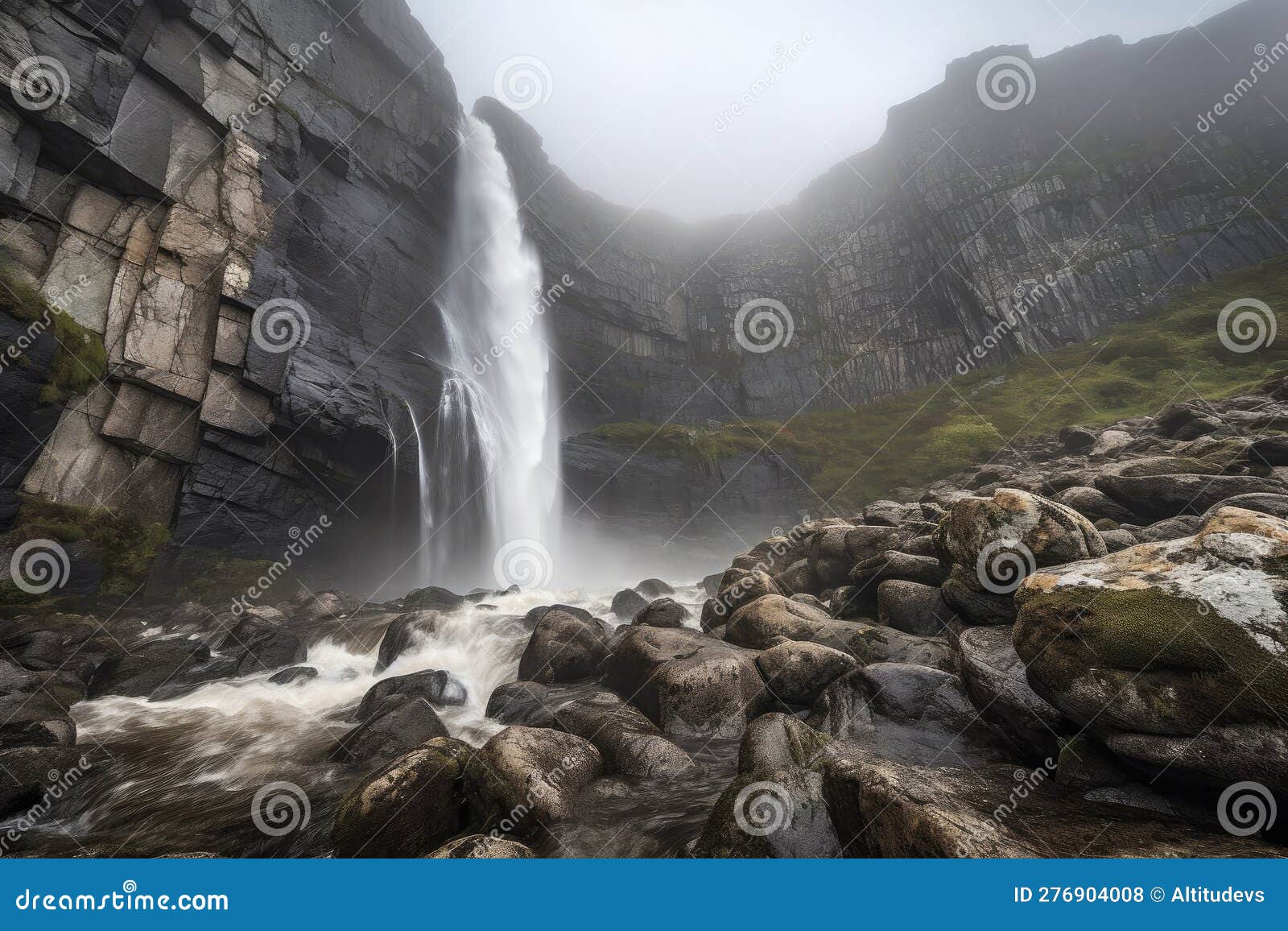 Dramatic Waterfall Scene, with Mist and Clouds Rolling Over the Rocks ...