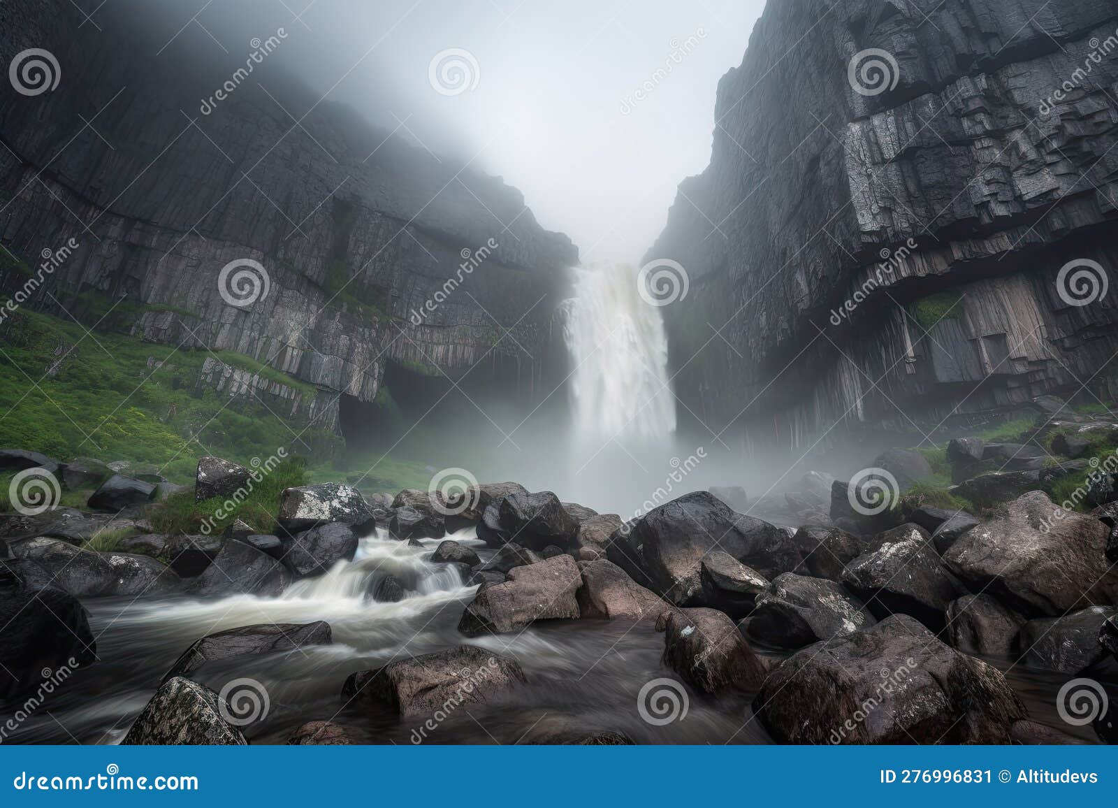Dramatic Waterfall Scene, with Mist and Clouds Rolling Over the Rocks ...