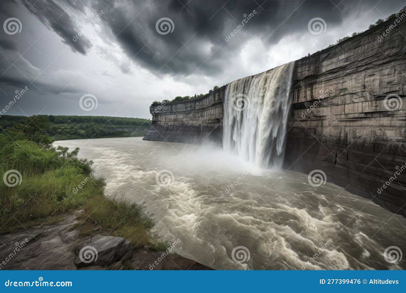 Dramatic Waterfall Scene with Storm Clouds Looming Overhead Stock ...