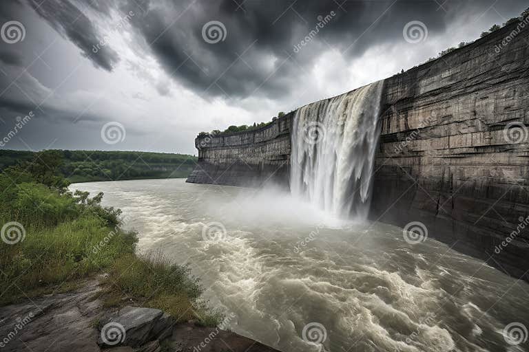 Dramatic Waterfall Scene with Storm Clouds Looming Overhead Stock ...