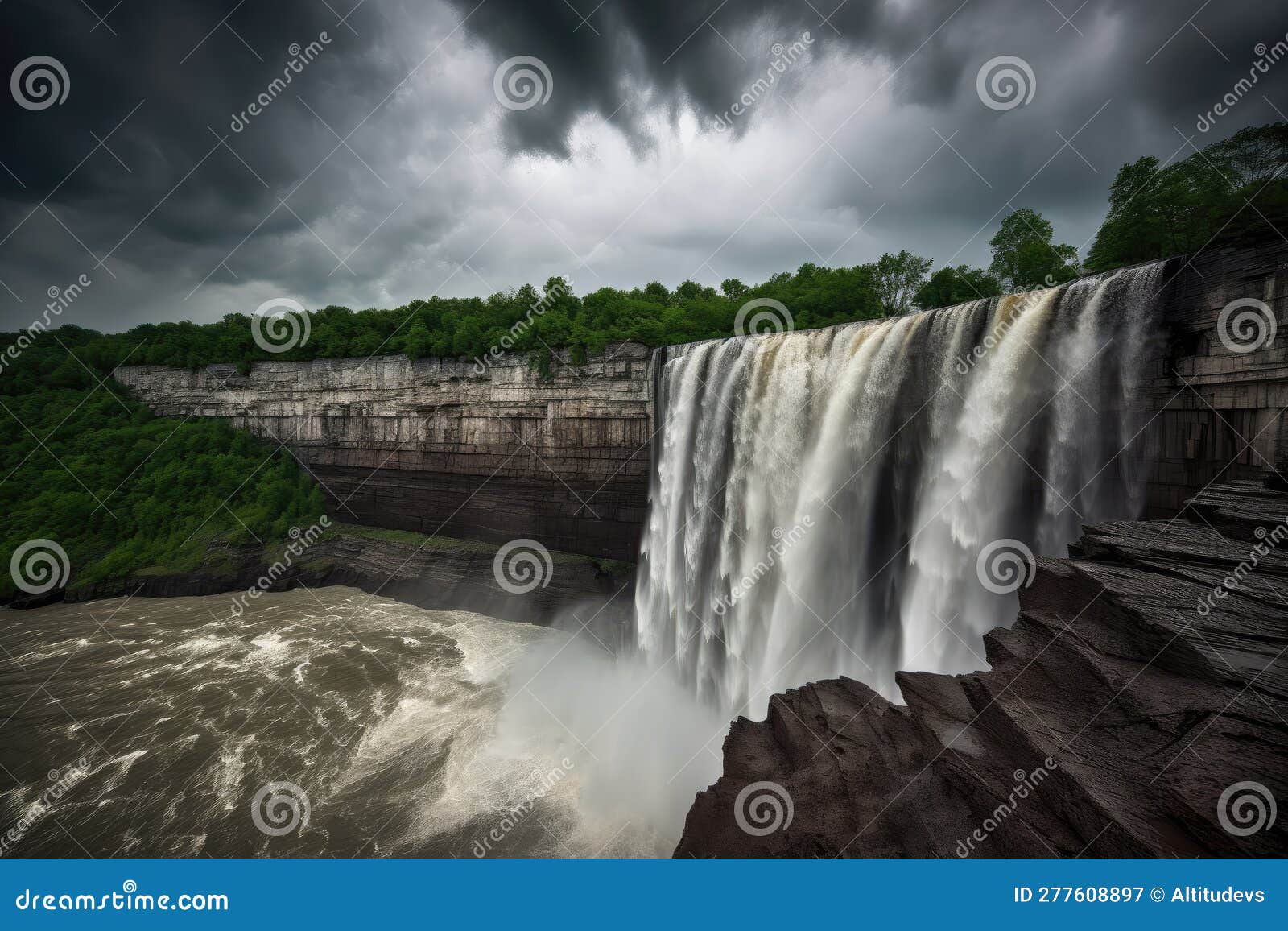 Dramatic Waterfall Scene with Storm Clouds Looming Overhead Stock Image ...