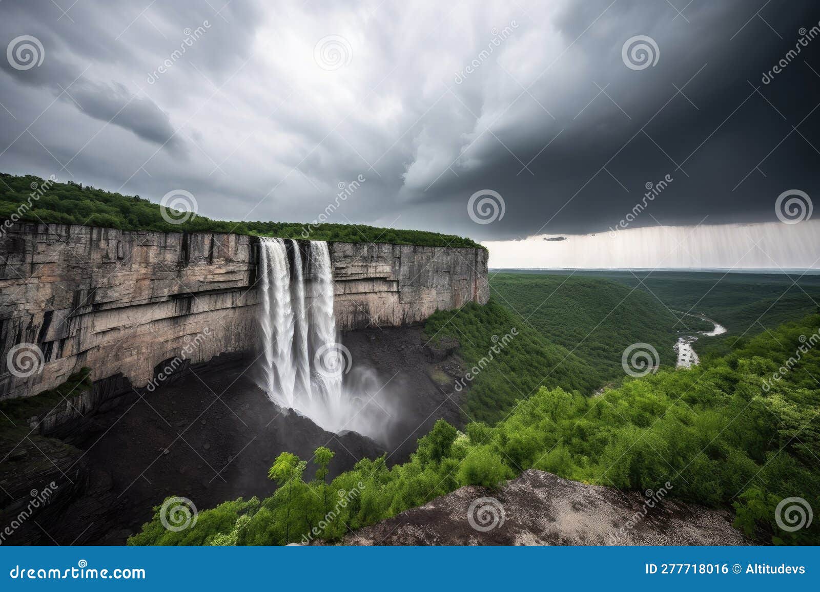 Dramatic Waterfall Scene with Storm Clouds Looming Overhead Stock ...