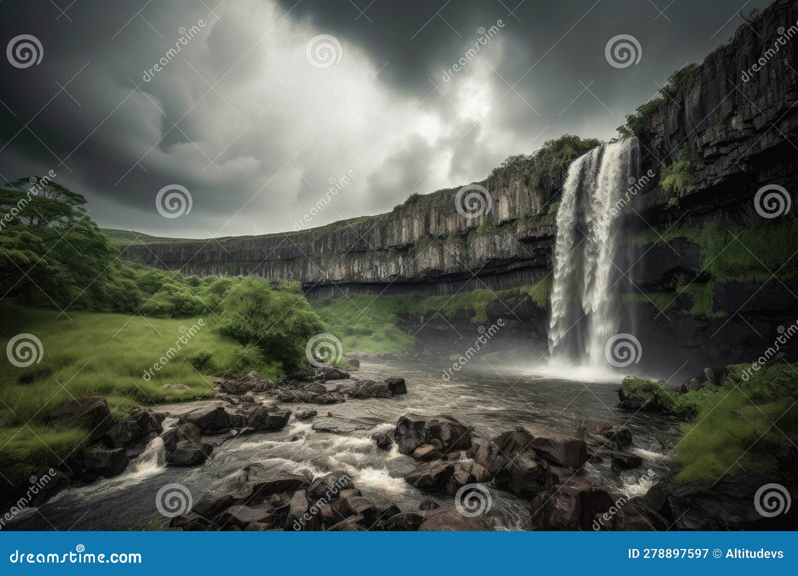 Dramatic Waterfall Scene with Storm Clouds Overhead, Ready To Drench ...