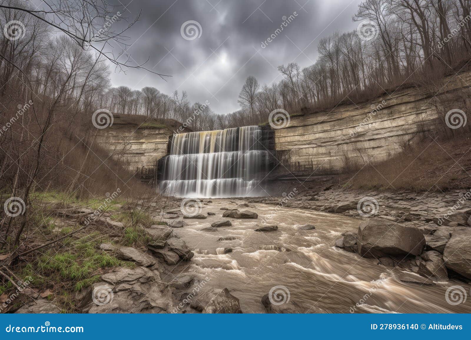 Dramatic Waterfall Scene with Storm Clouds Overhead, Ready To Drench ...