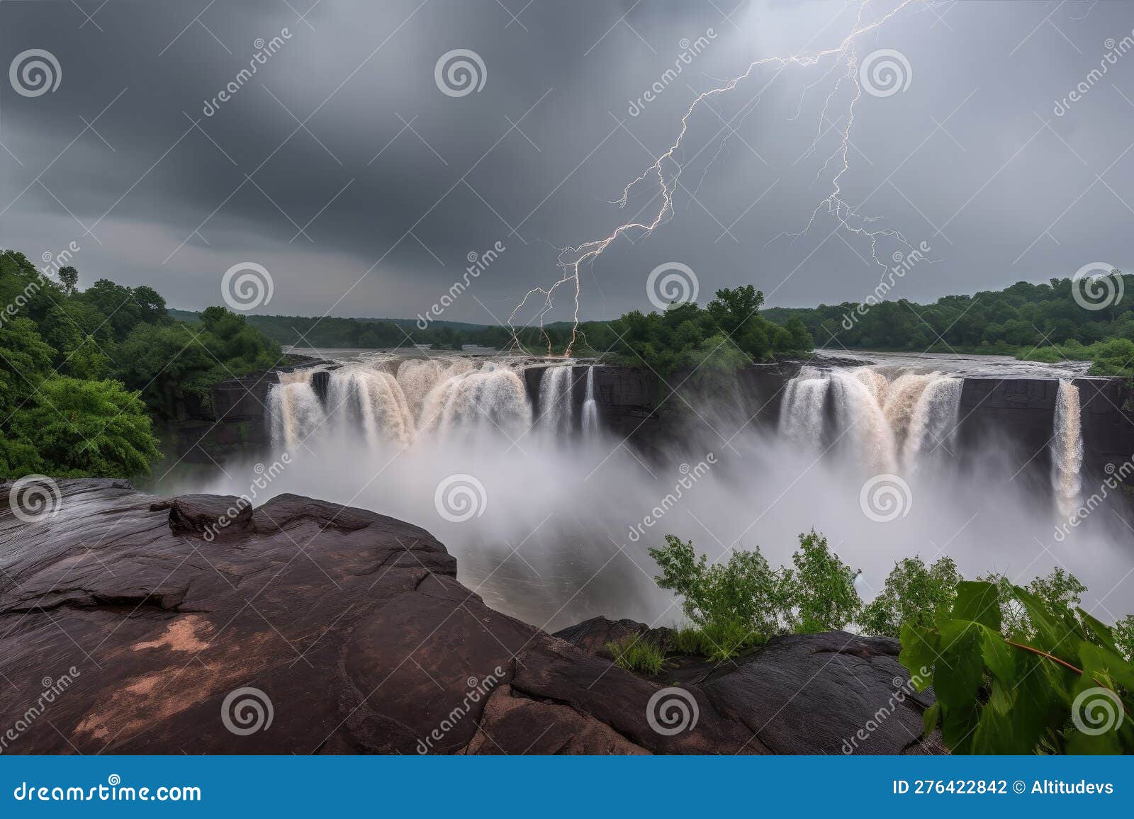 Dramatic Waterfall Scene with Stormy Skies and Lightning Bolts during ...
