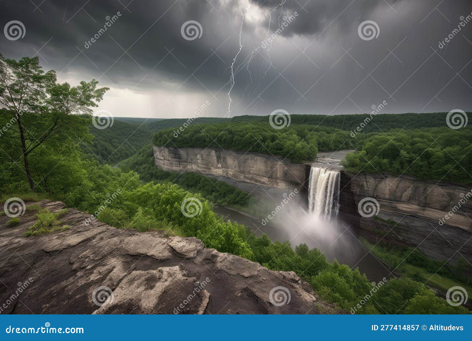 Dramatic Waterfall Scene with Stormy Skies and Lightning Strikes Stock ...