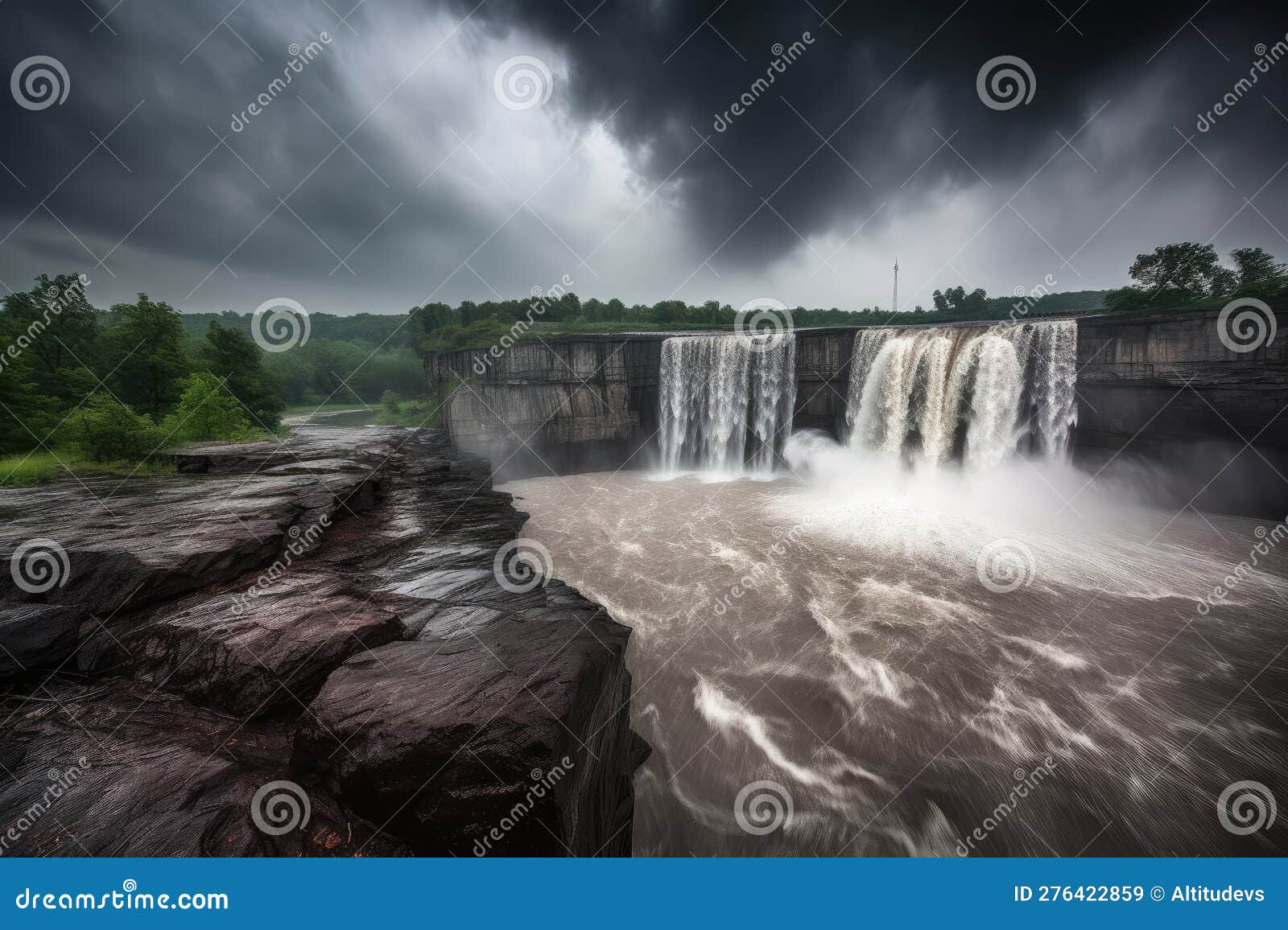 Dramatic Waterfall Scene with Stormy Sky, Flashes of Lightning and ...