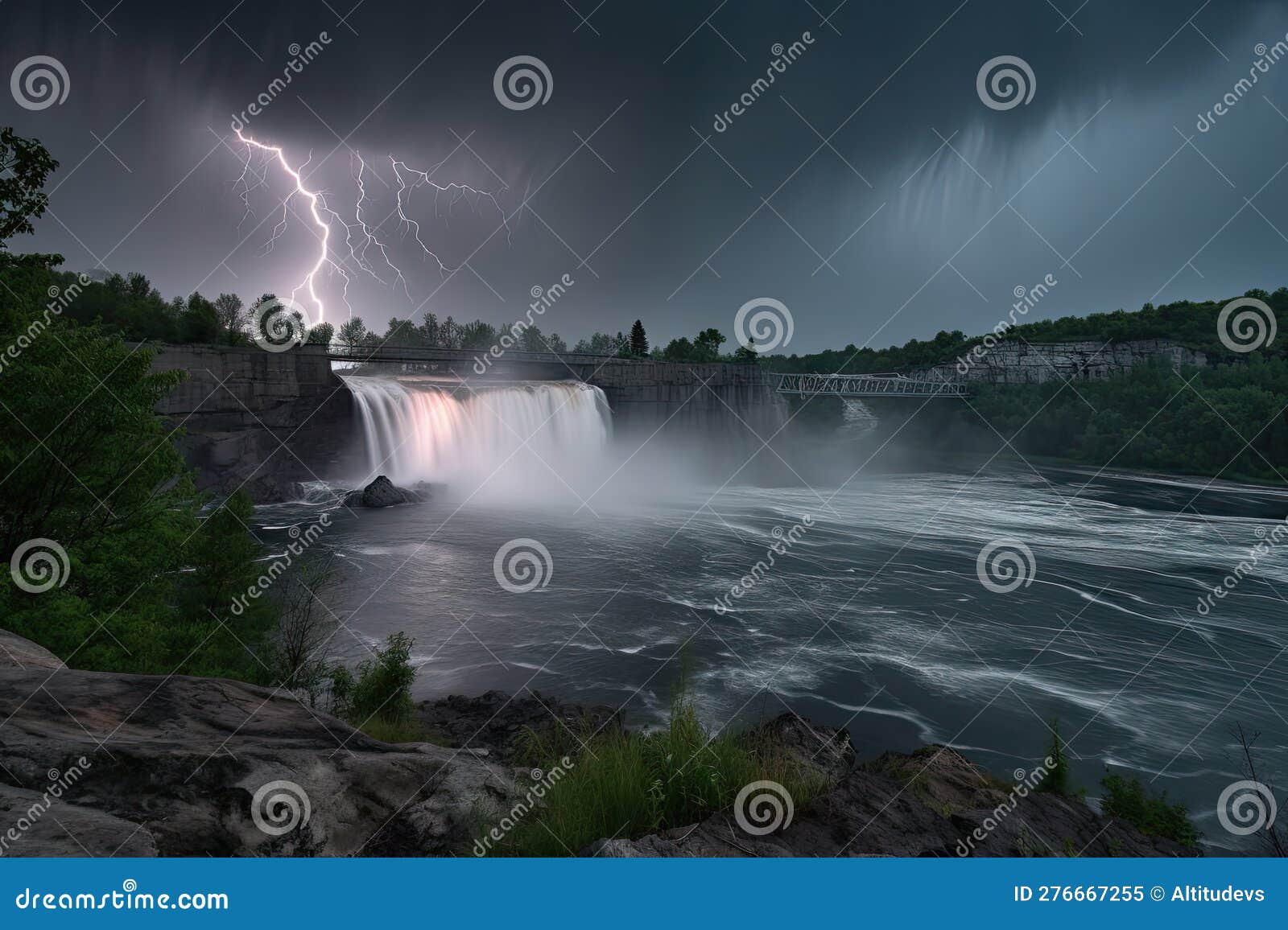 Dramatic Waterfall Scene with Stormy Sky, Flashes of Lightning and ...