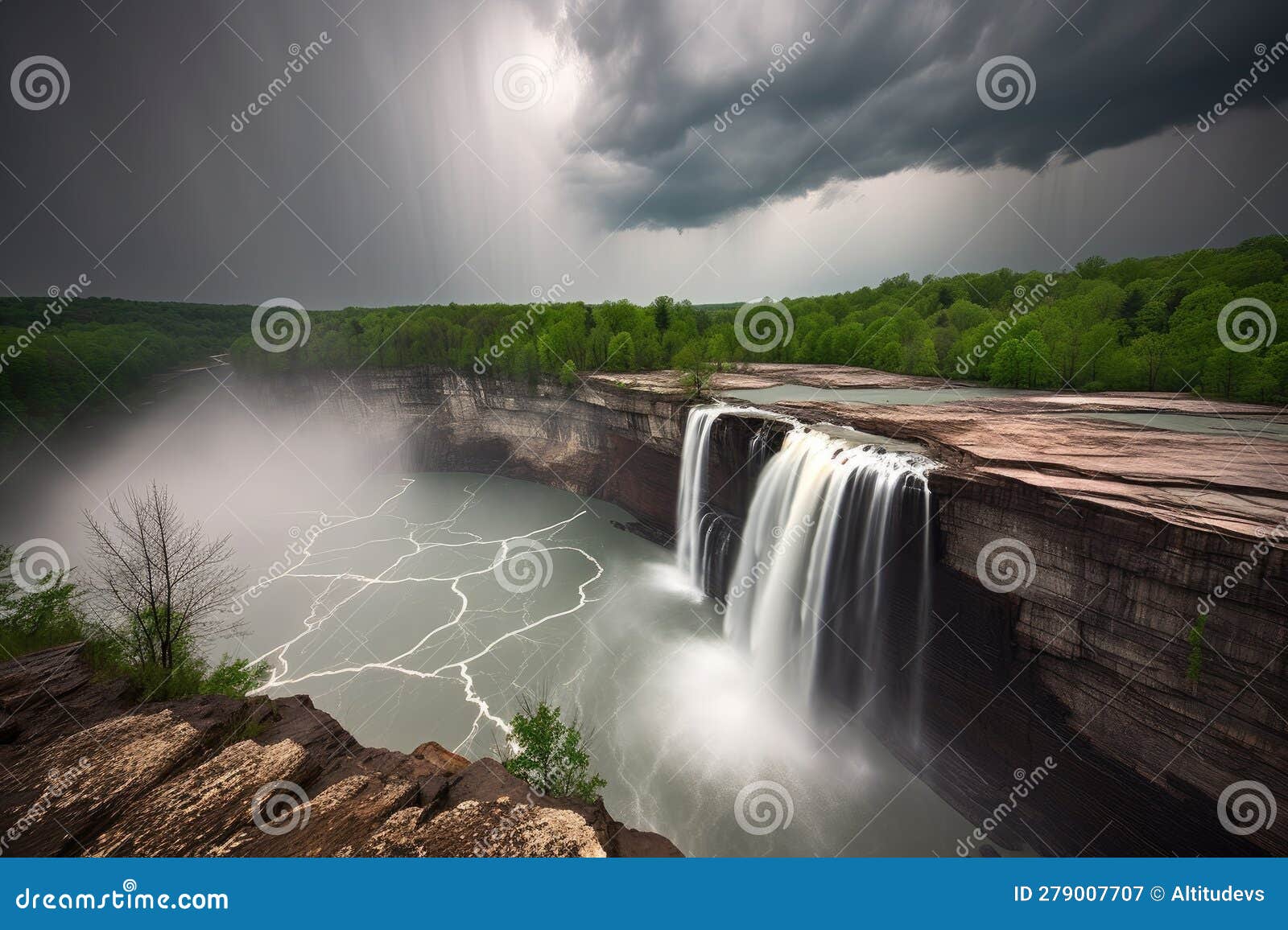 Dramatic Waterfall Scene with Stormy Sky, Flashes of Lightning and ...