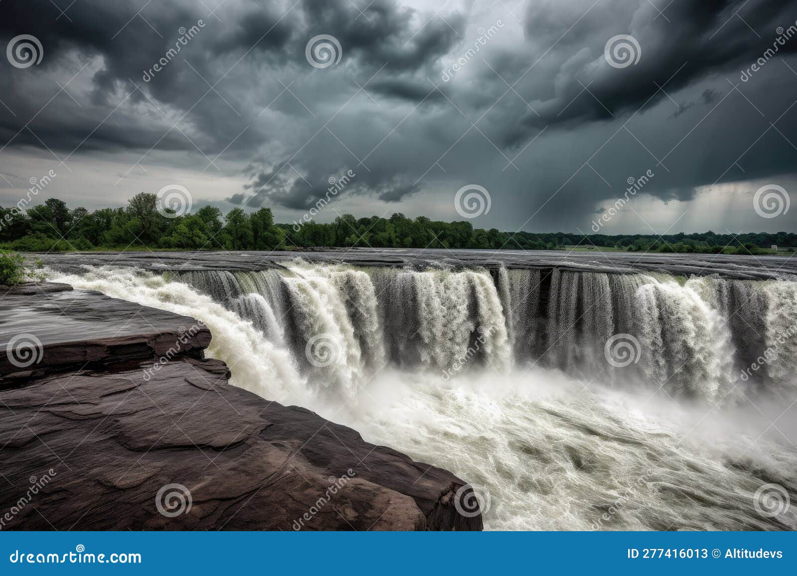 Dramatic Waterfall Scene with Stormy Sky, Thunderstorm in the Distance ...
