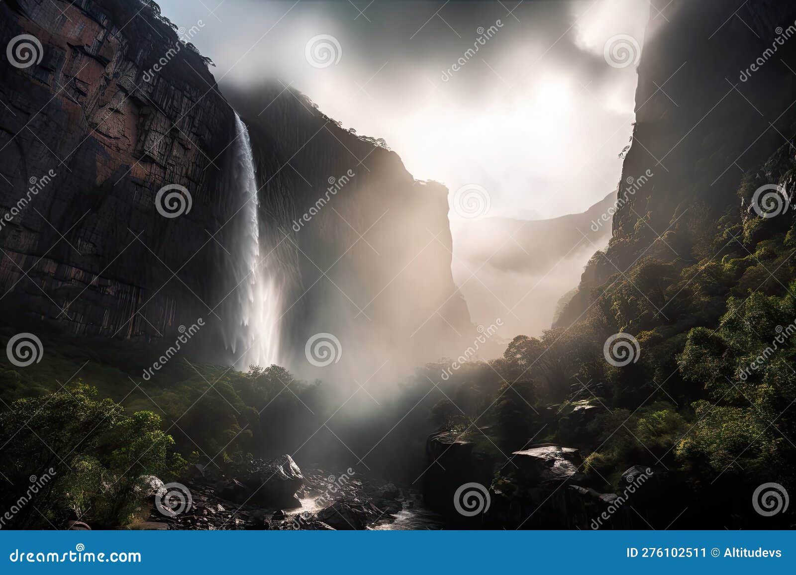 Dramatic Waterfall Scenes with Misty Clouds and Sunlight Shining ...