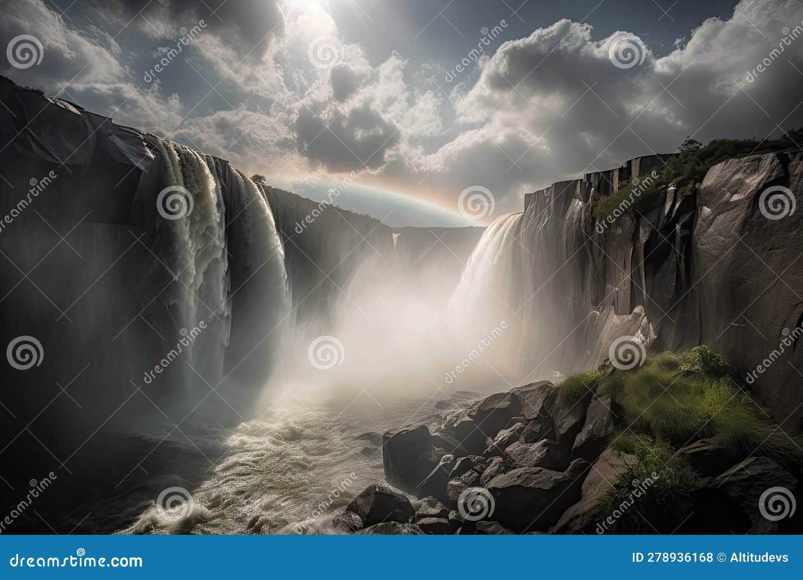 Dramatic Waterfall Scenes with Misty Clouds and Sunlight Shining ...