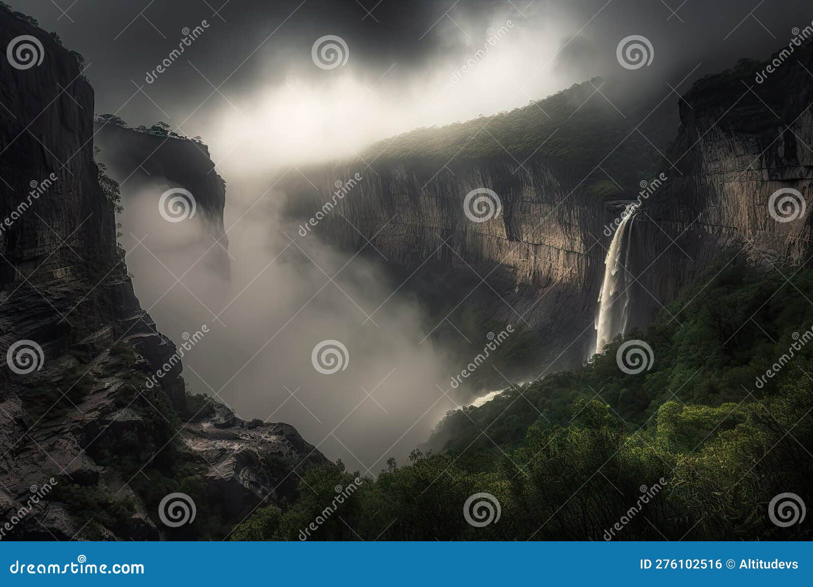 Dramatic Waterfall Surrounded by Mist and Clouds, with Dramatic ...