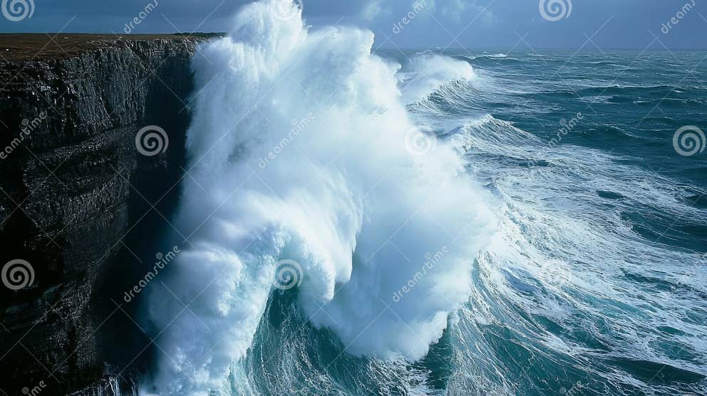 Dramatic Wave Crashing Against a Cliffside Stock Illustration ...