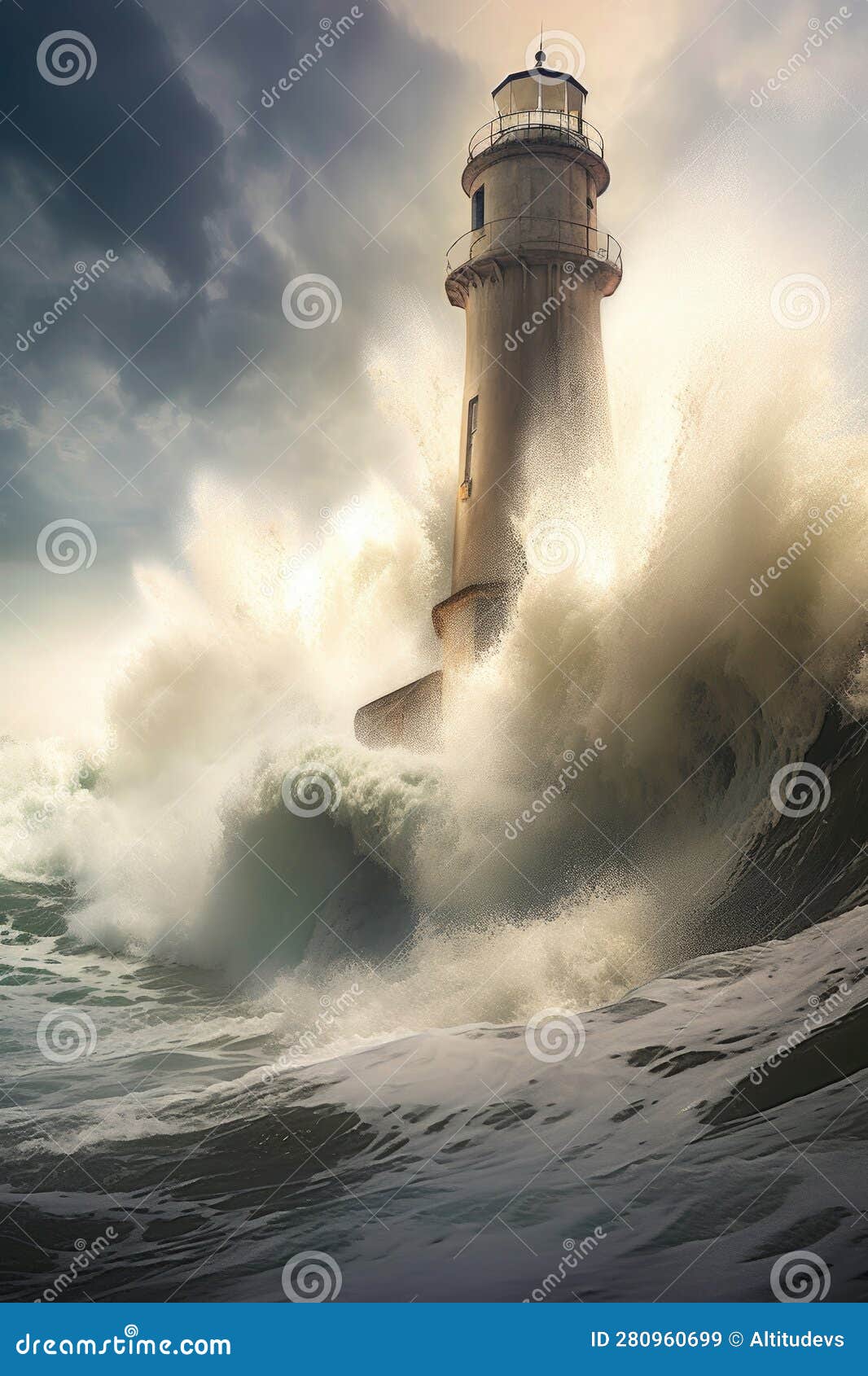 Dramatic Waves Crashing Against a Lighthouse Stock Illustration ...