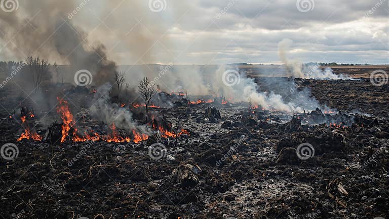 Dramatic Wildfire Consuming Peat Bogs in Northern Europe Stock ...