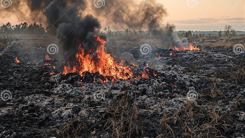 Dramatic Wildfire Consuming Peat Bogs in Northern Europe Stock ...