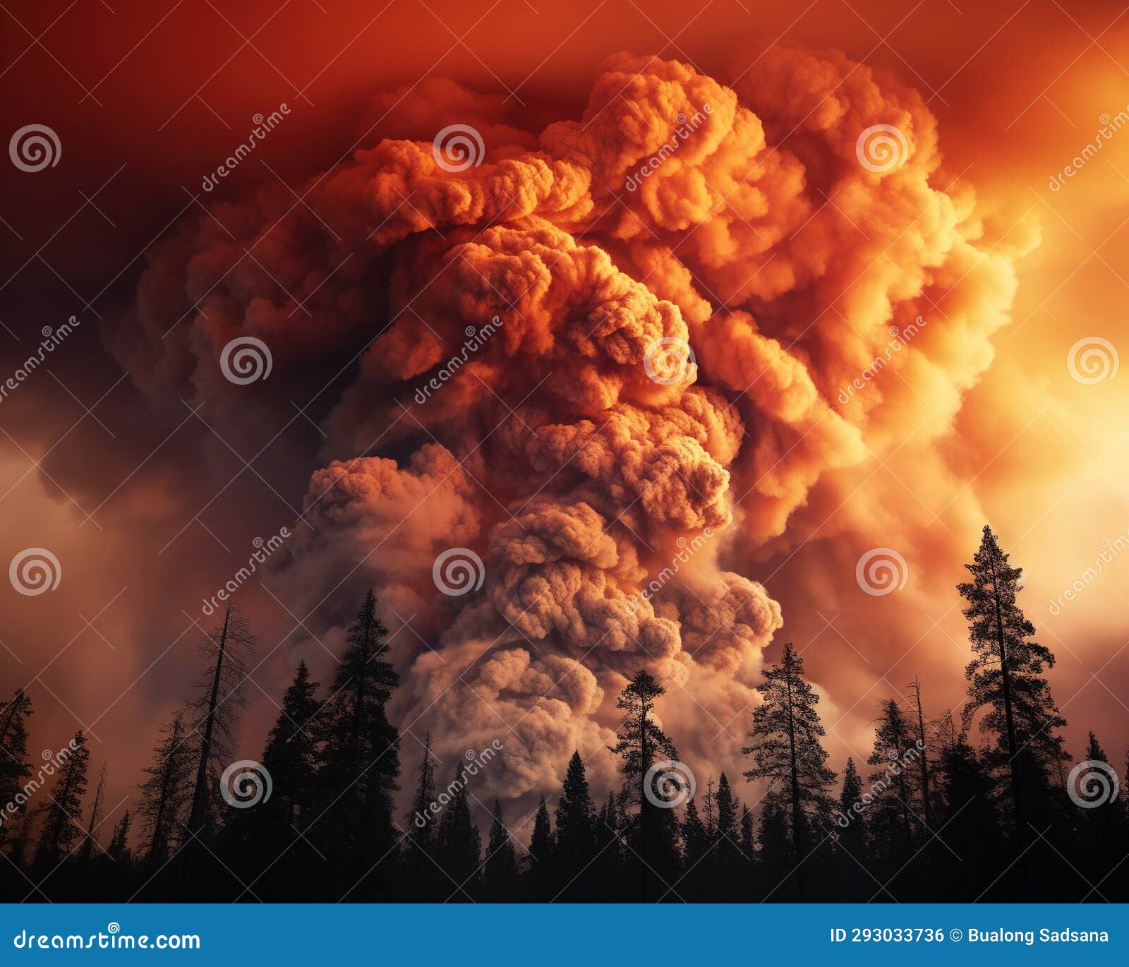 Dramatic Wildfire Huge Clouds of Heavy Smoke in Fiery Red Sky Over ...