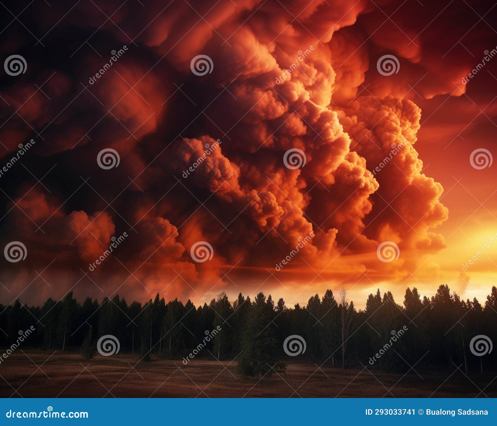Dramatic Wildfire Huge Clouds of Heavy Smoke in Fiery Red Sky Over ...
