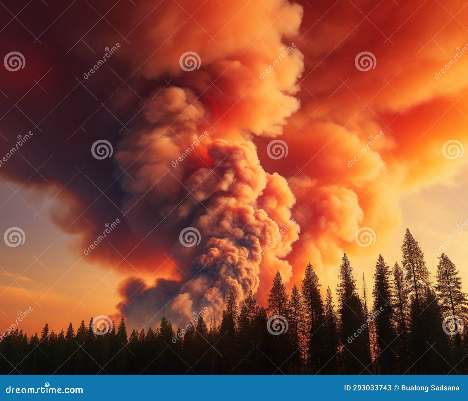 Dramatic Wildfire Huge Clouds of Heavy Smoke in Fiery Red Sky Over ...