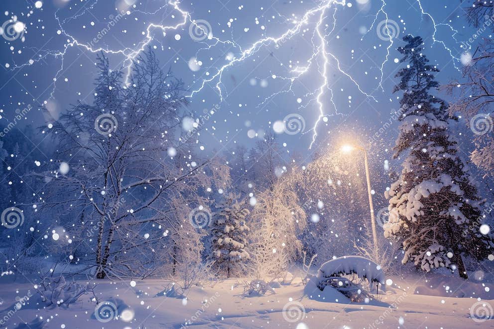 Winter Storm with Snow and Lightning in Forest Scene Stock Image - Image of lamp, lightning ...