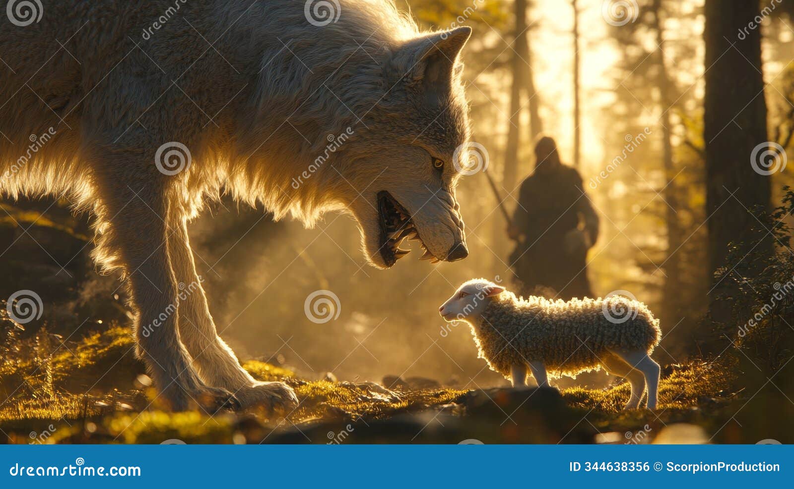 Dramatic Wolf Facing a Lamb in Forest with Hunter in Background Stock ...