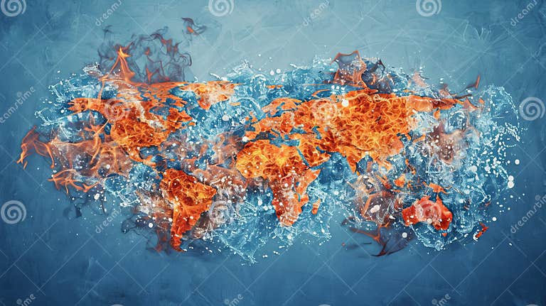 Dramatic World Map in Flames and Frost a Visual Commentary on Climate ...