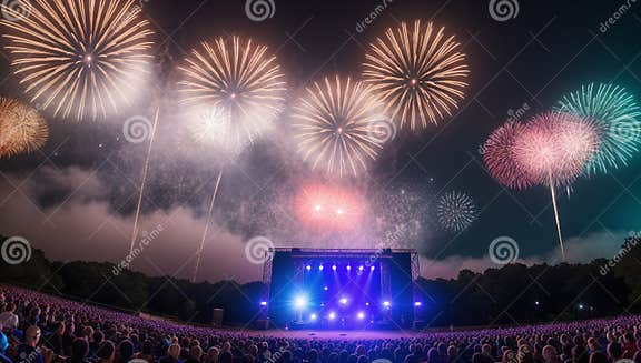 A Dramatically Lit Stage with Fireworks and People Watching it Stock ...