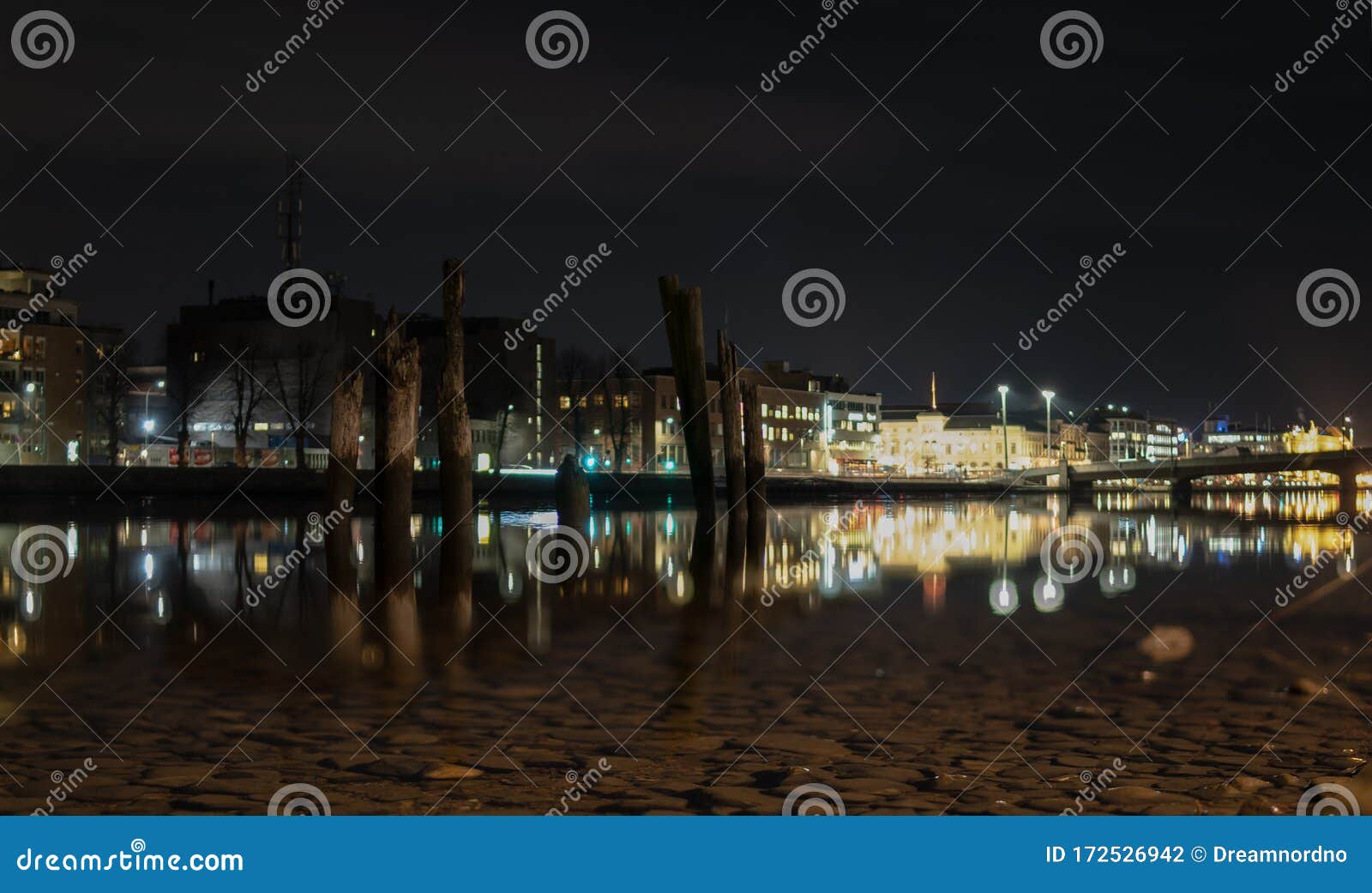 Drammenselva River Flowing through Drammen at Night Stock Photo - Image ...