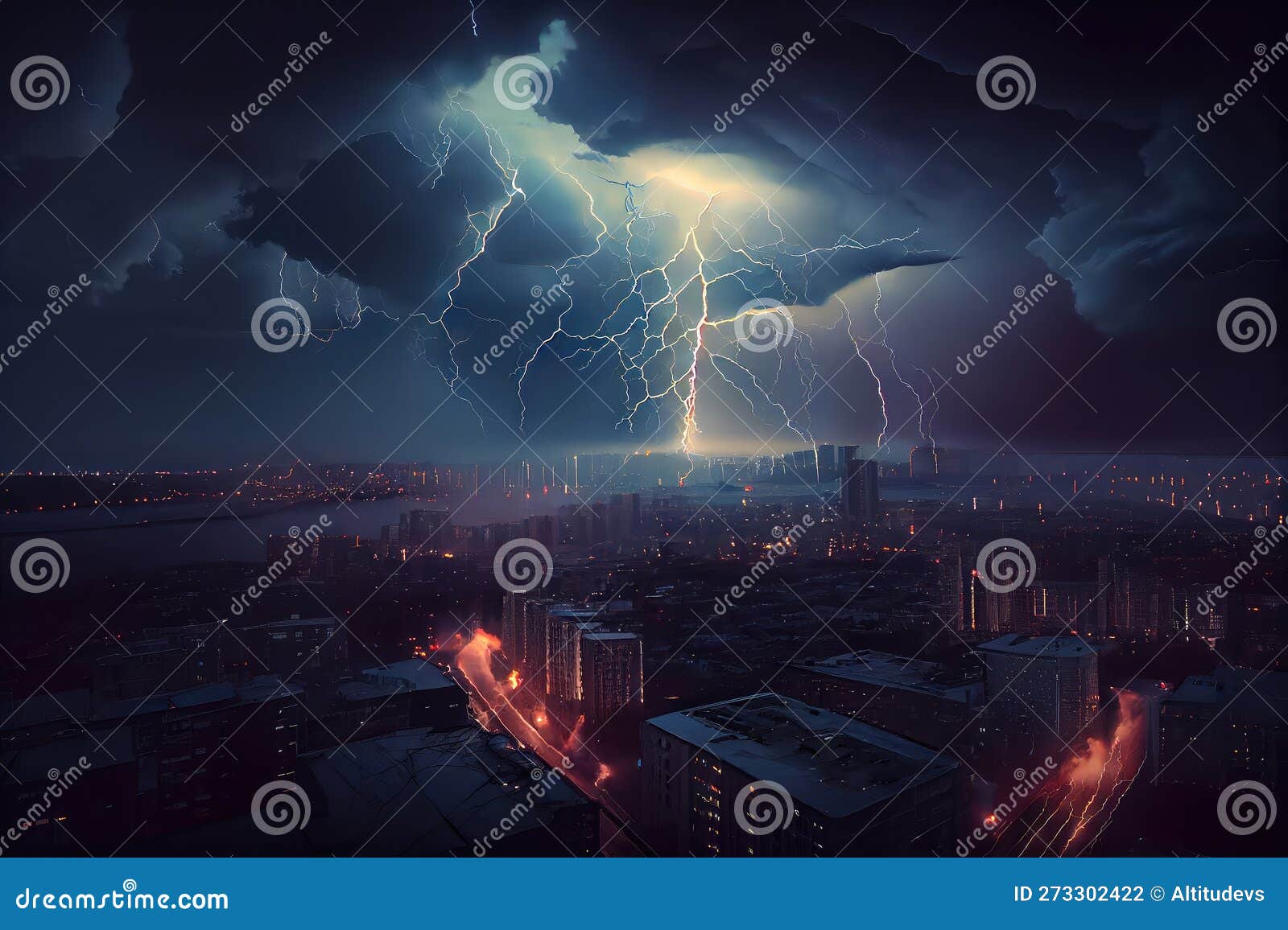 Dramtic Thunderstorm with Lightning and Rain in the City, View from ...